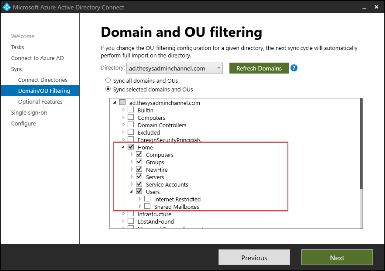Get Synced OU Configuration in Azure AD Connect PowerShell